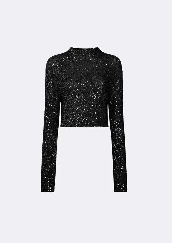 Lapointe Sequin Cashmere Cropped Top - Black