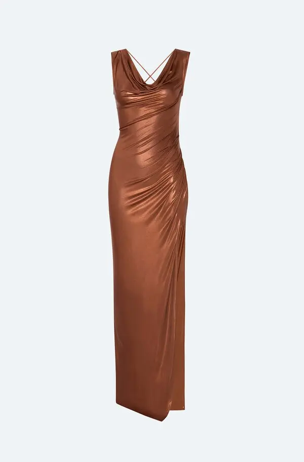 Lapointe Coated Jersey Cowl Neck Gown - Copper