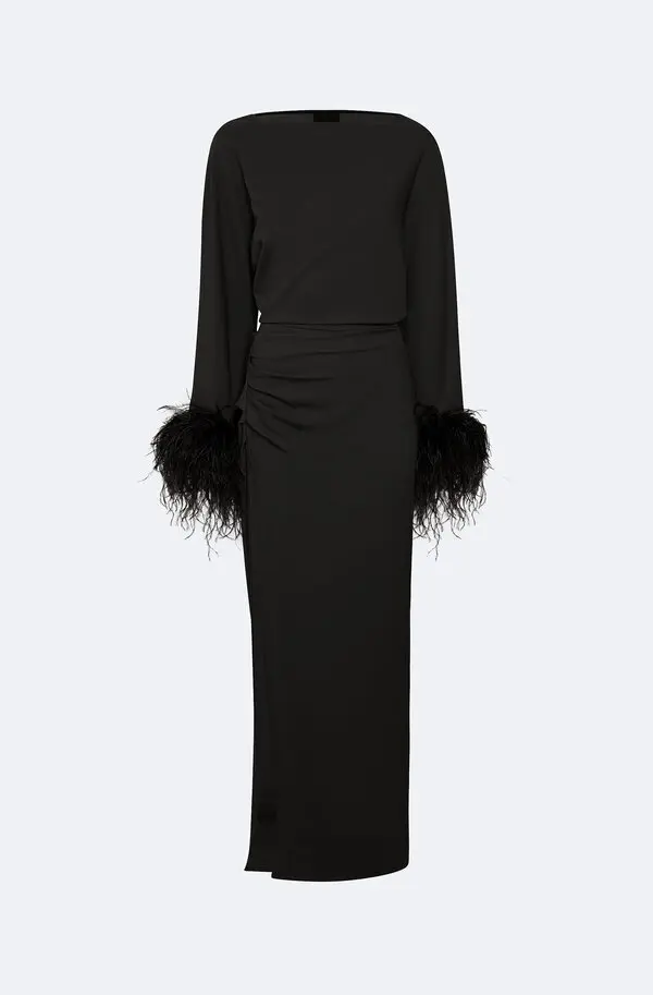 Lapointe Stretch Drape Crepe Off The Shoulder Dress With Feathers
