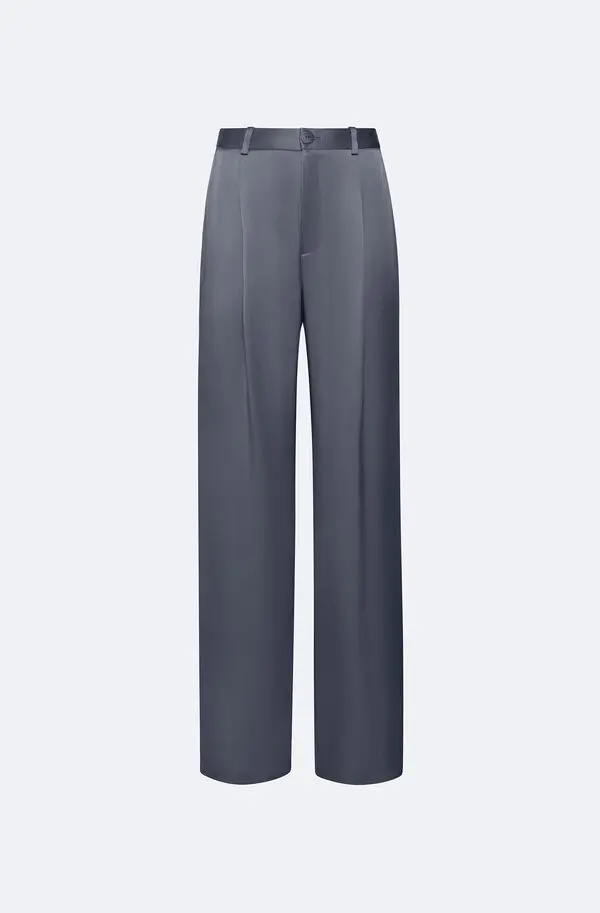 Lapointe Relaxed Pleated Satin Trousers - Gray Blue