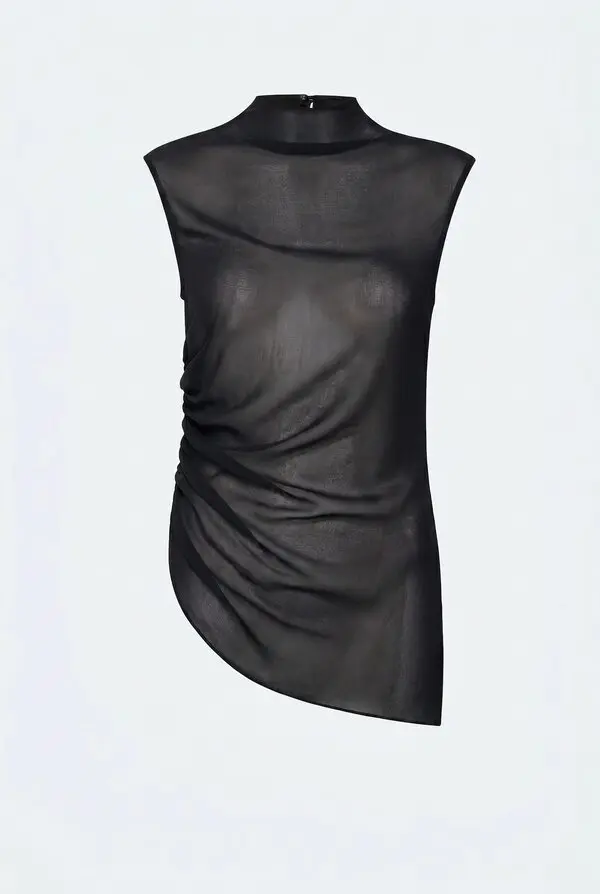 Lapointe Mock Neck Ruched Georgette Top - Black