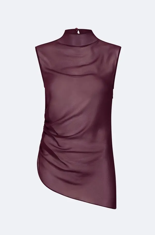 Lapointe Lightweight Georgette Mock Neck Ruched Top - Mulberry