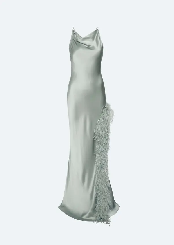 Lapointe Satin Halter Gown With Feathers - Jade
