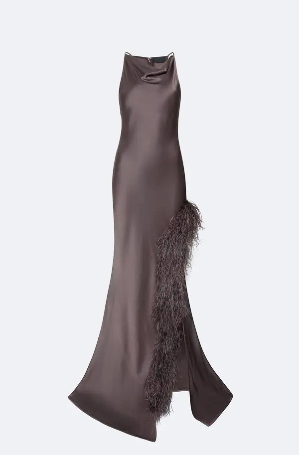 Lapointe Satin Halter Gown With Feathers - Mocha
