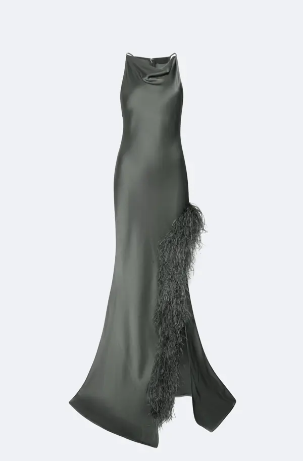 Lapointe Feather-trimmed Halter Gown - Pine