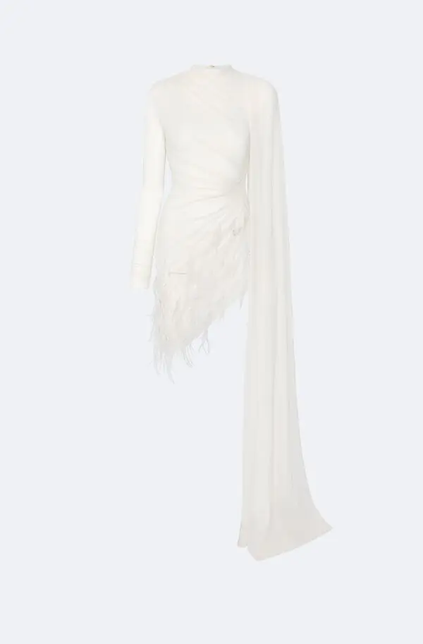 Lapointe Mesh High Neck Cape Dress With Feathers