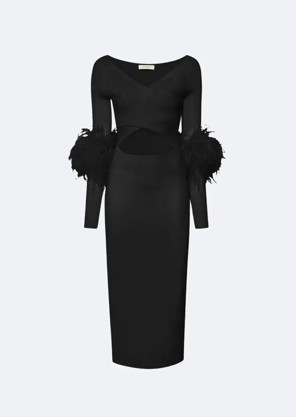 Lapointe Matte Viscose Cross Front Midi Dress With Feathers - Black