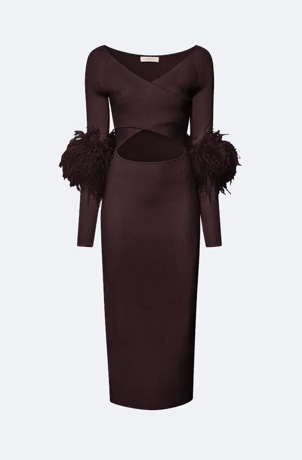 Lapointe Matte Viscose Cross Front Midi Dress With Feathers - Dark Brown
