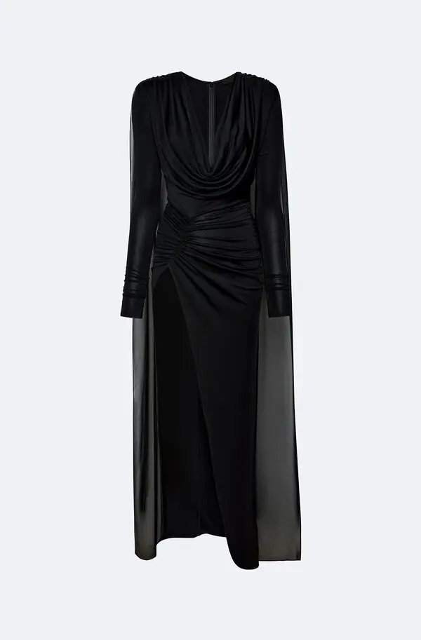 Lapointe Jersey Cowl Neck Slit Gown With Georgette Cape