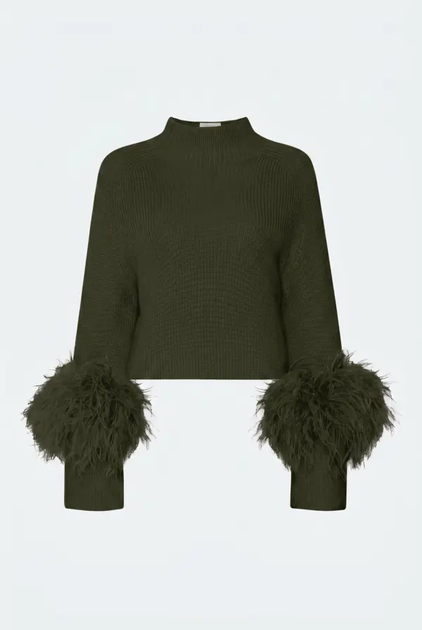 Lapointe Merino Wool Mock Neck Sweater With Feather Embellishment - Pine