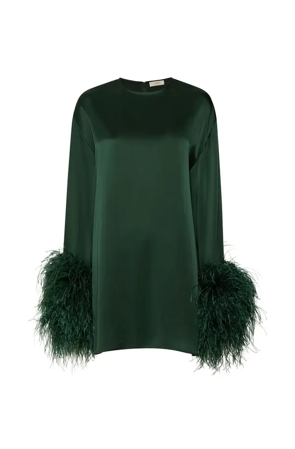 Lapointe Feather-trimmed Satin Shift Dress - Forest