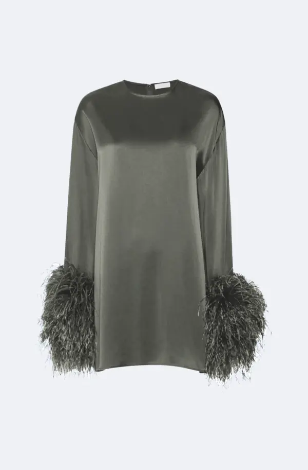 Lapointe Feather-trimmed Satin Shift Dress - Pine