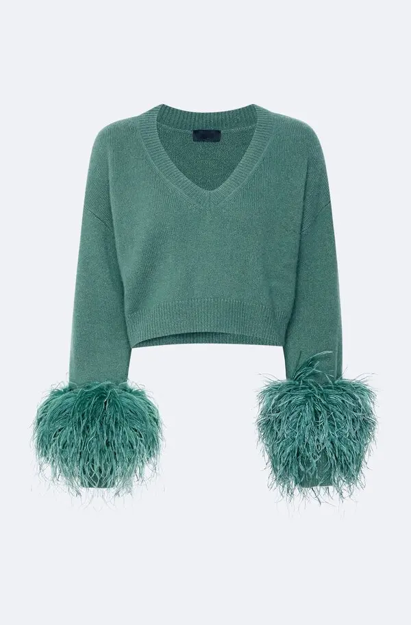 Lapointe Cashmere Cropped V Neck Sweater With Feathers