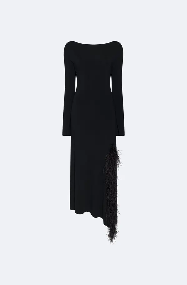 Lapointe Matte Viscose Boatneck Dress With Feathers