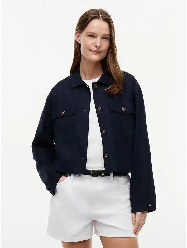 Tommy Hilfiger Linen-blend Cropped Shirt Jacket - Navy Blue