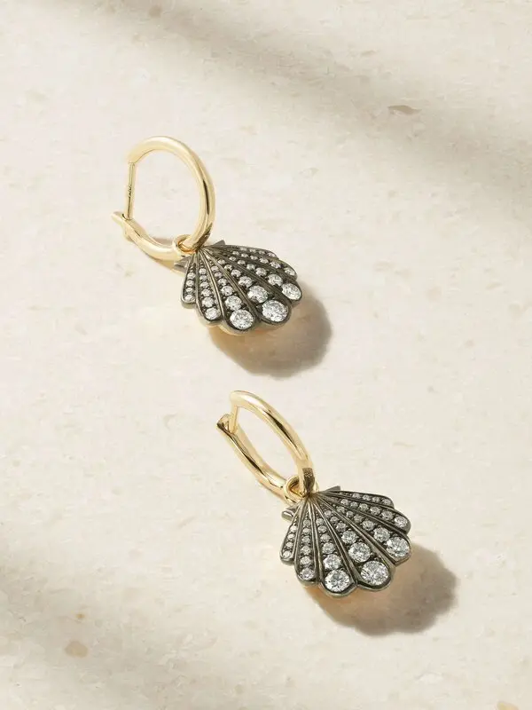 JESSICA MCCORMACK Shell Mini 18-karat Yellow And Blackened White Diamond Hoop Earrings - Gold