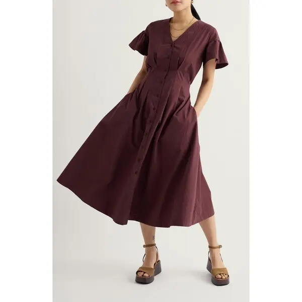 SEASALT CORNWALL Organic Cotton Button-up Midi Dress With Flutter Sleeves - Cacao