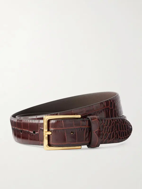 Anderson's Croc-effect Leather Belt With Gold-tone Buckle - Brown