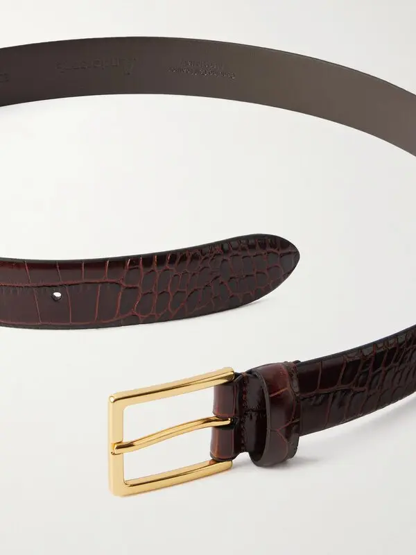 Anderson's Croc-effect Leather Belt With Gold-tone Buckle - Brown