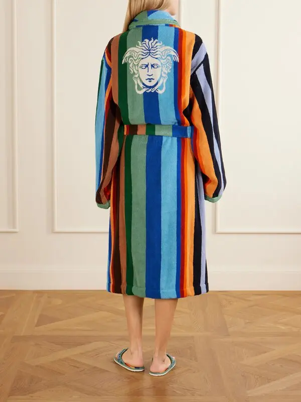 Versace Medusa Belted Striped Cotton-terry Robe