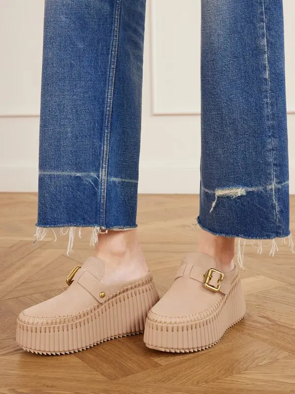 Chloé Suede Platform Mules With Gold-tone Buckle - Neutrals