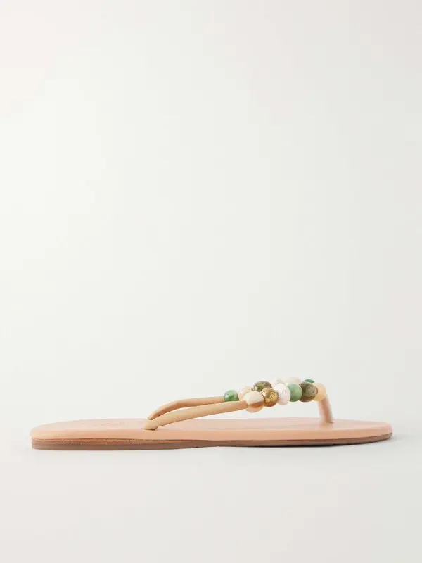 ANCIENT GREEK SANDALS Saionara Bead Embellished Leather Flip Flops - Neutral
