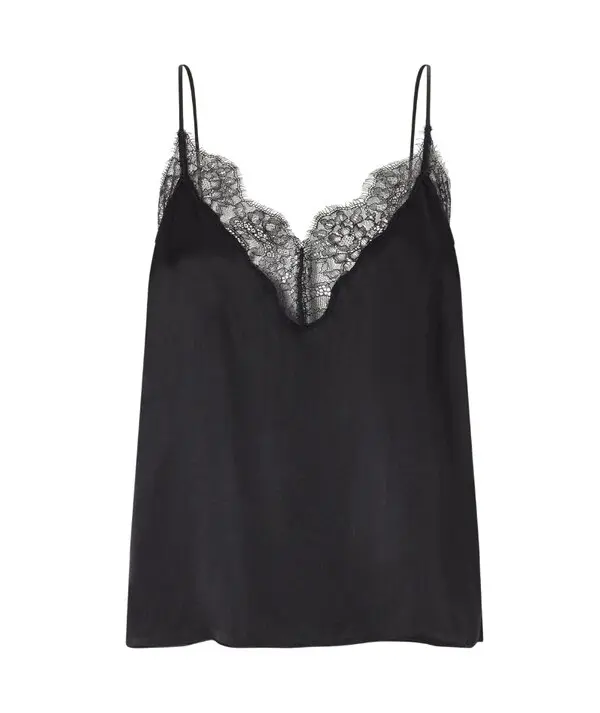 ANINE BING Mael Lace-trimmed Silk-blend Satin Top - Black