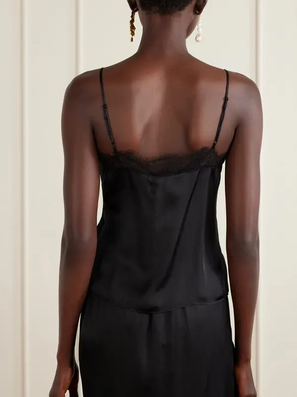 ANINE BING Mael Lace-trimmed Silk-blend Satin Top - Black