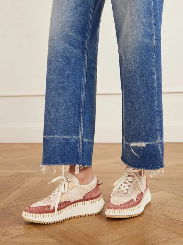 Chloé Nama Embroidered Suede And Recycled-mesh Sneakers - Neutrals