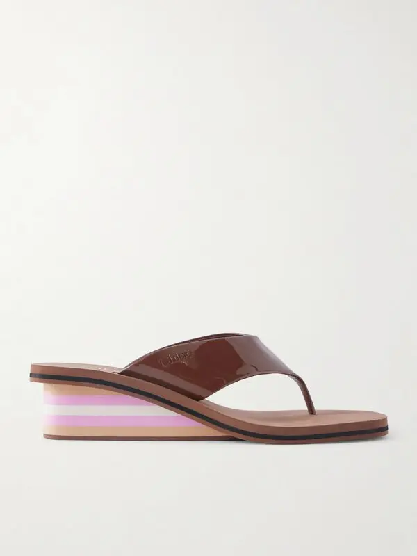 Chloé Patent Leather "swimming Cool" Wedge Flip Flops - Brown