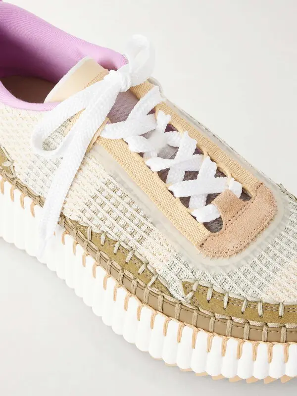 Chloé Nama Embroidered Recycled-mesh And Suede Sneakers - Light Green