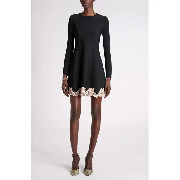 Valentino Garavani Lace Trim Long Sleeve Sweater Dress - Black