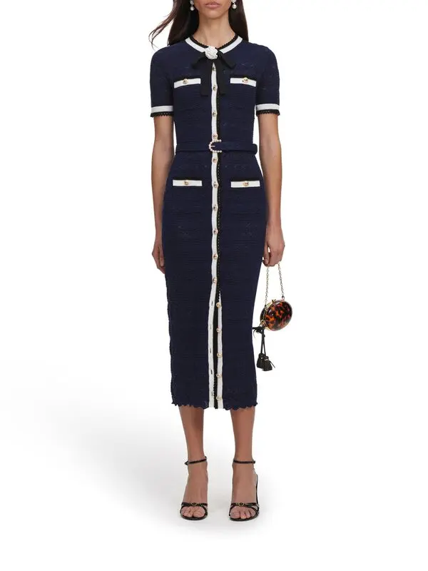 SELF-PORTRAIT Navy Perforated Knit Midi Dress With Bow And Brooch Detail - Blue