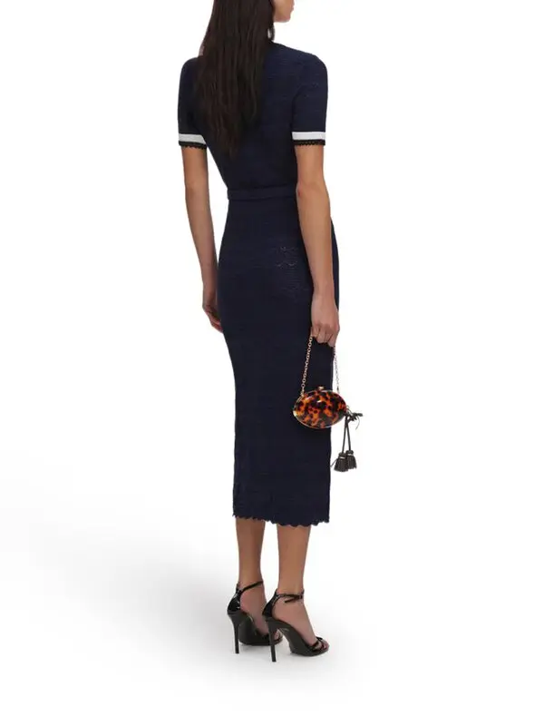 SELF-PORTRAIT Navy Perforated Knit Midi Dress With Bow And Brooch Detail - Blue