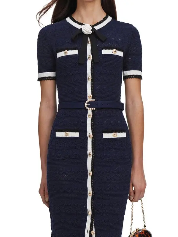 SELF-PORTRAIT Navy Perforated Knit Midi Dress With Bow And Brooch Detail - Blue