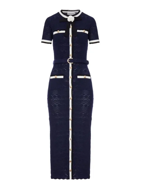 SELF-PORTRAIT Navy Perforated Knit Midi Dress With Bow And Brooch Detail - Blue