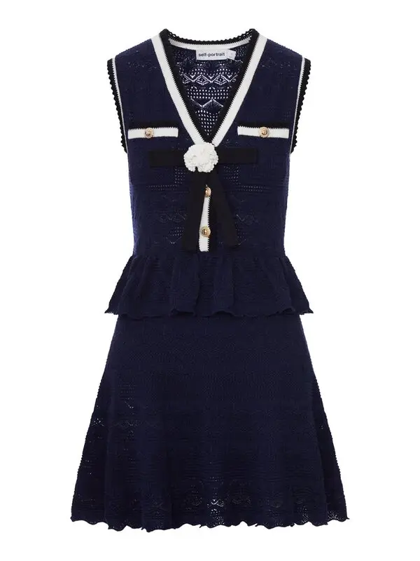 SELF-PORTRAIT Navy Peplum Quilted Knit Mini Dress - Blue