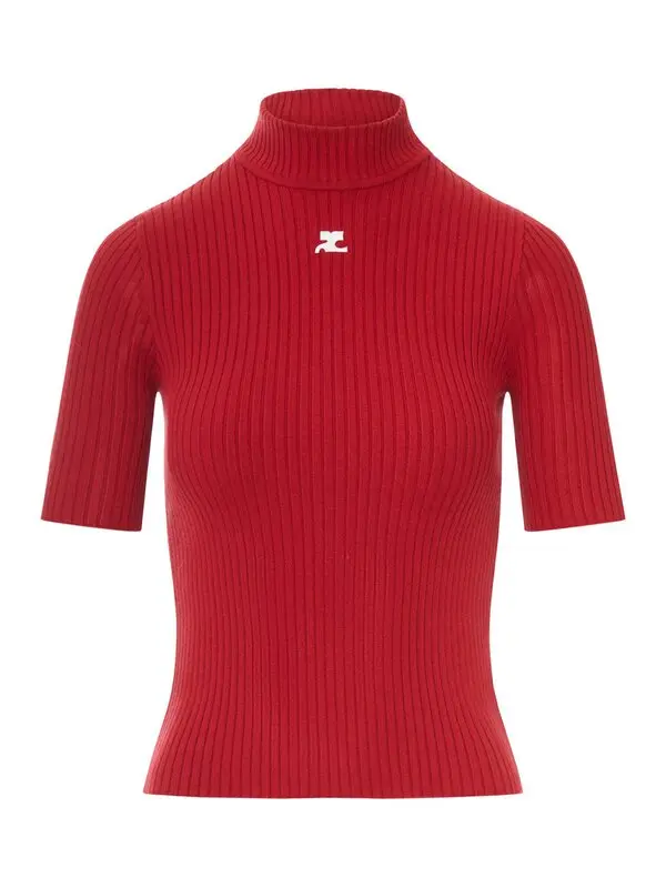 COURREGES Reedition Short Sleeve Rib Knit High Neck Sweater - Red