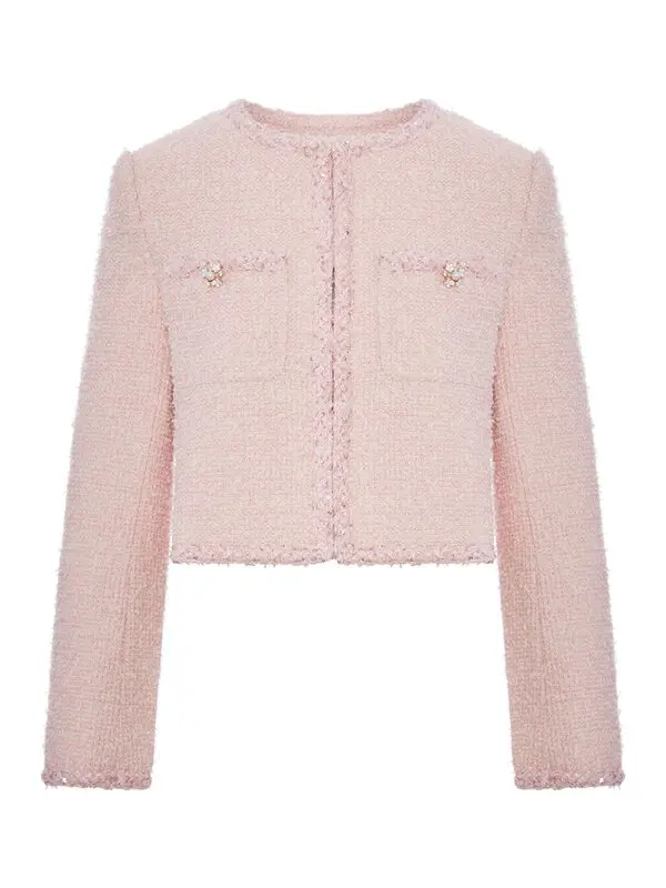 SELF-PORTRAIT Cropped Boucle Jacket - Pink