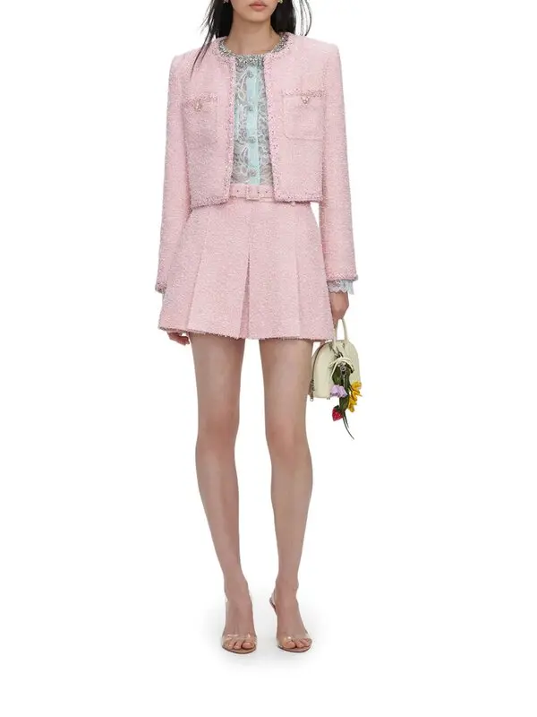 SELF-PORTRAIT Cropped Boucle Jacket - Pink