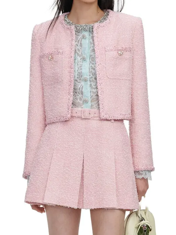 SELF-PORTRAIT Cropped Boucle Jacket - Pink