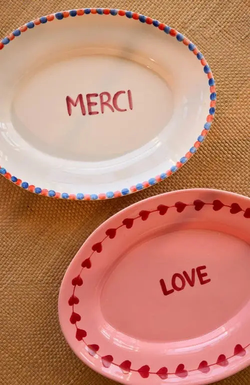 RICE BY RICE Ceramic Serving Platter Hand Painted Merci
