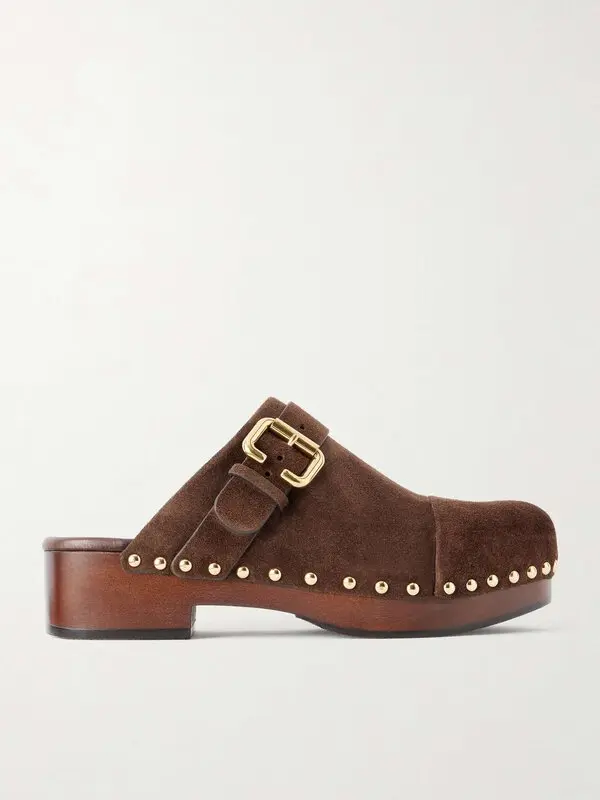 Chloé Jeannette Embellished Suede Clogs - Dark Brown