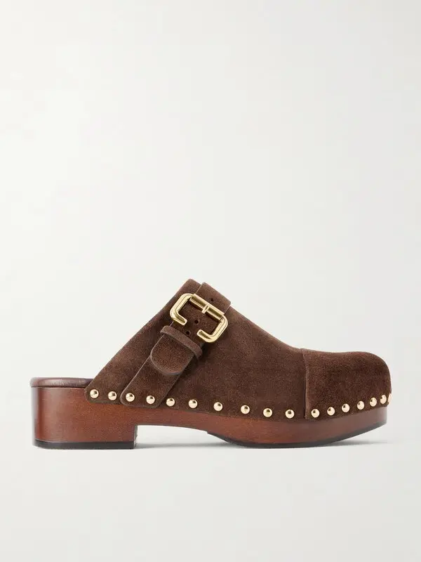 Chloé Jeannette Embellished Suede Clogs - Dark Brown