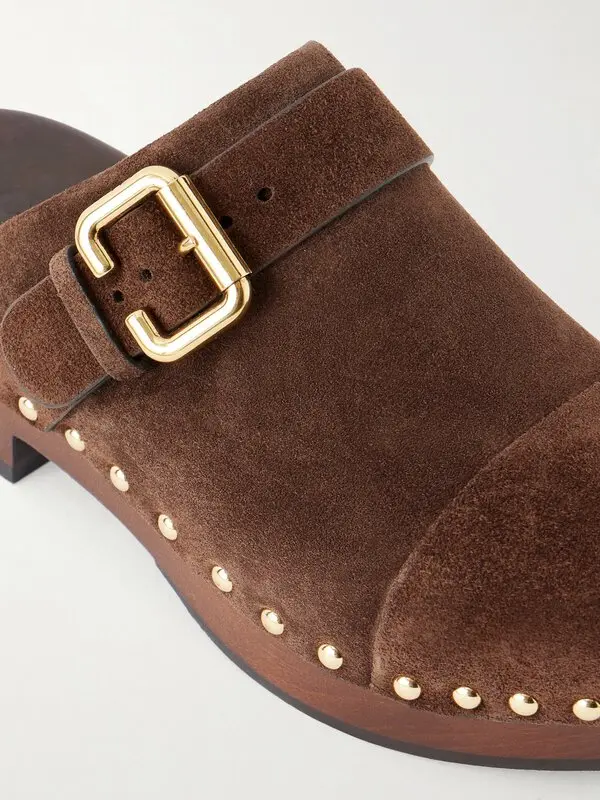 Chloé Jeannette Embellished Suede Clogs - Dark Brown
