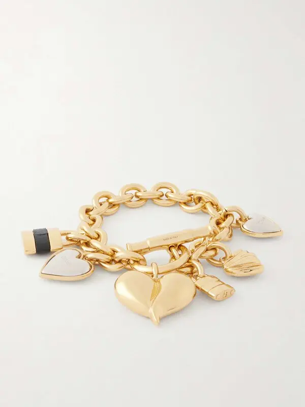 Chloé Logo-detailed Leather-trimmed And Silver-tone Charm Bracelet - Gold