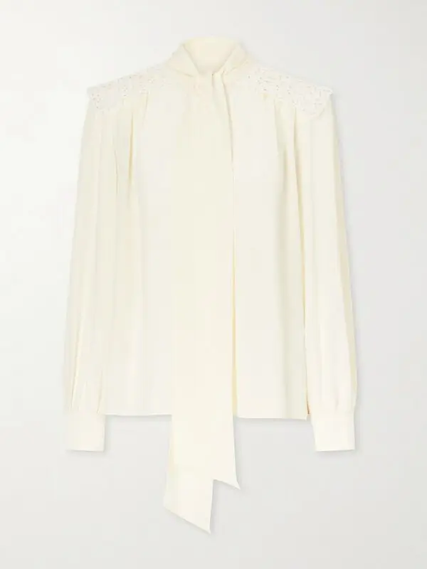 Chloé Pussy-bow Crochet-trimmed Silk Crepe De Chine Shirt - White