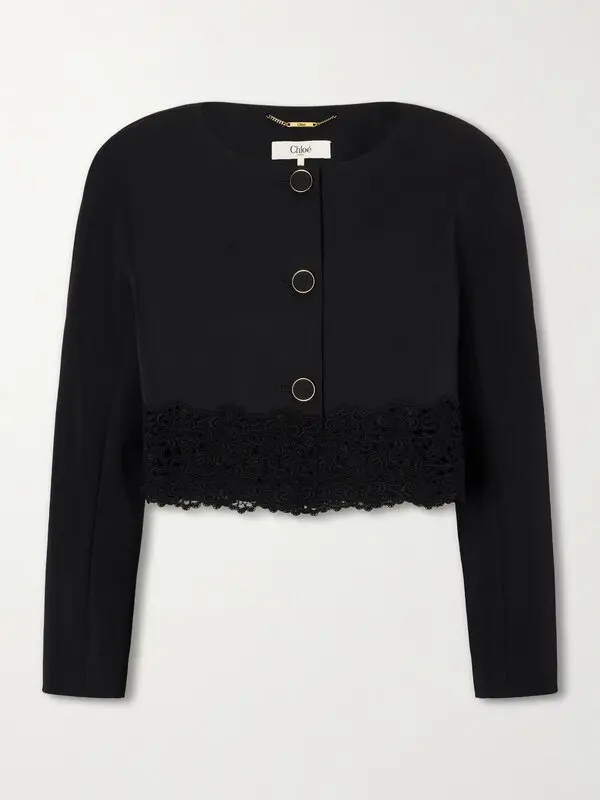 Chloé Cropped Lace-embroidered Wool Jacket - Black