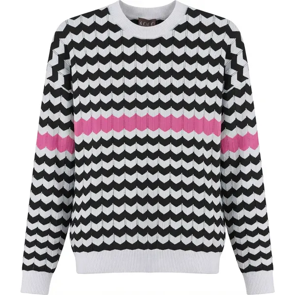 Coco Chevron Stripe Contrast Detail Lightweight Knit Sweater - Black