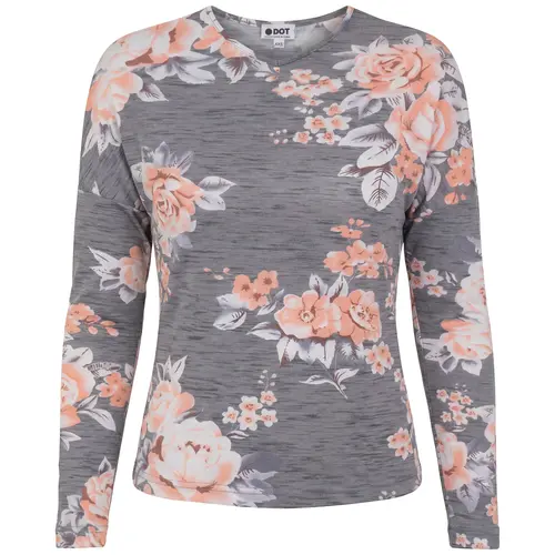 DOT Floral V Neck Pinch Front Dolman Top - Grey